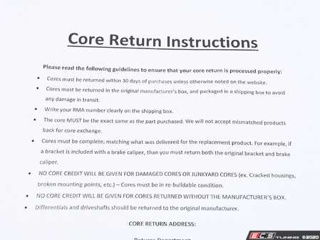 Original Equipment Supplier - CORERETURNDOC - Core Return Policy Document